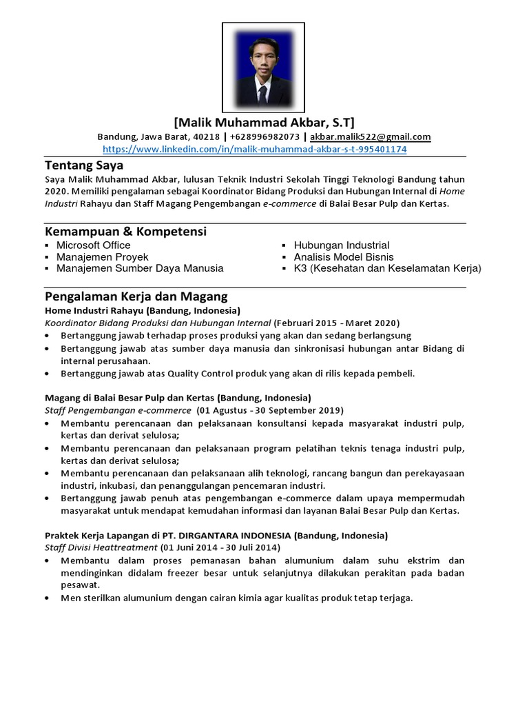 CV - Malik Muhammad Akbar - PT Chang Jui Fang | PDF