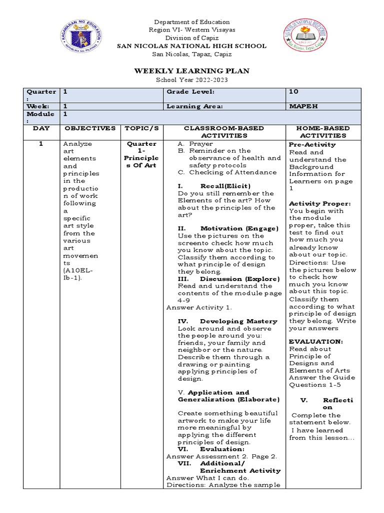 WLP Mapeh 10 | PDF | Learning | Educational Assessment