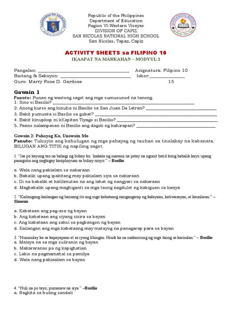 Activity Sheets Sa Filipino 10: Gawain 1 | PDF