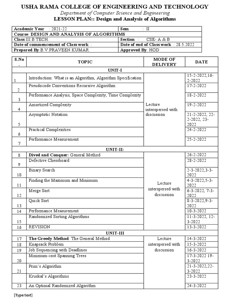 DAA Lesson Plan For CSE A & B 2022 | Download Free PDF | Combinatorics ... DAA Lesson Plan For CSE A & B 2022 | Download Free PDF | Combinatorics ...