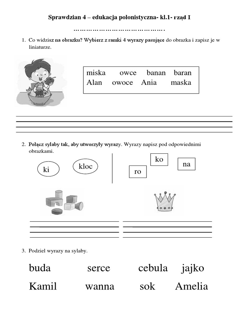 Sprawdzian 4. Ed. Pol. Kl.1styczeń | PDF