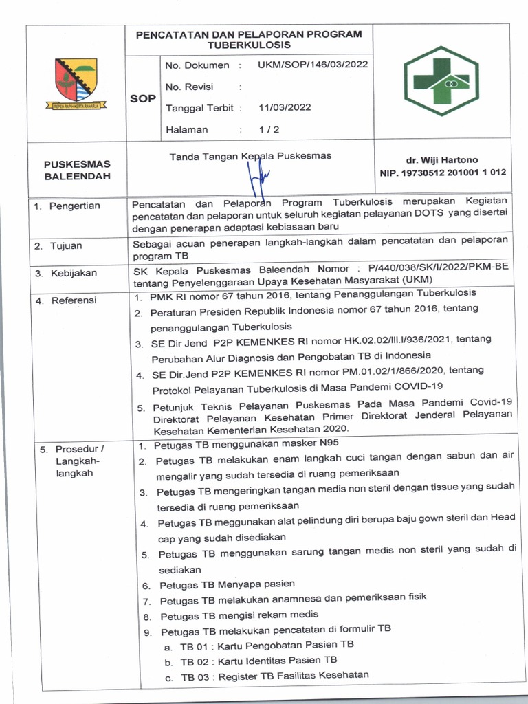 Sop Pencatatan Dan Pelaporan Program Tuberkulosis | PDF