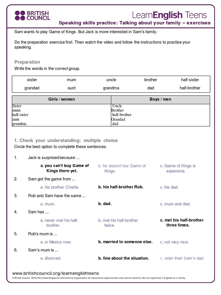 Talking About Your Family - Exercises | PDF