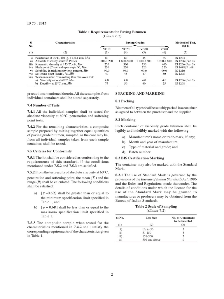 IS 73:2013 Paving Bitumen Standards | PDF