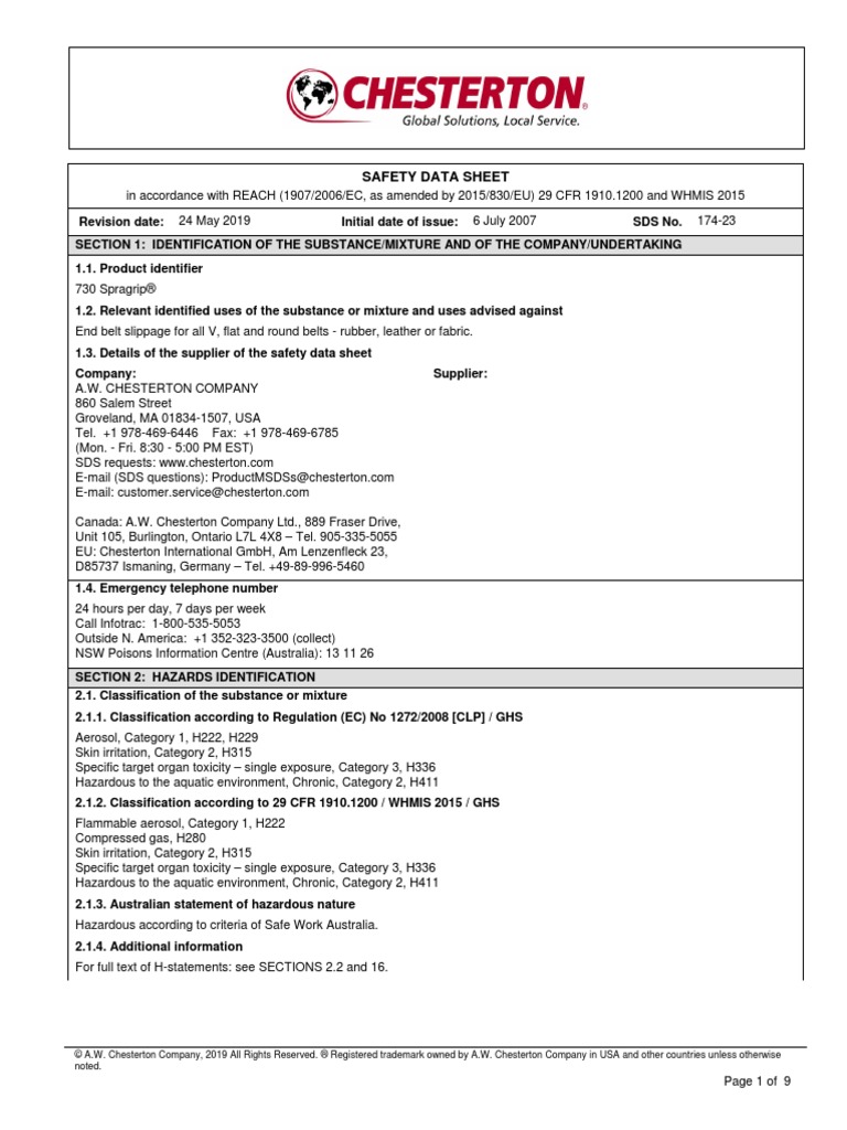 Chesterton 730 Spragrip Msds | PDF | Dangerous Goods | Toxicity