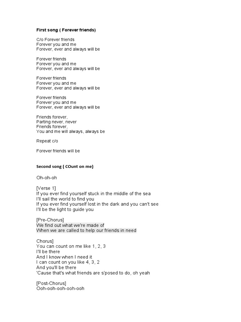 Friendship Songs Collection Lyrics | PDF