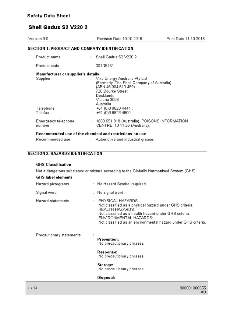 Shell Gadus S2 V220 2 Safety Data Sheet | PDF | Toxicity | Dangerous Goods