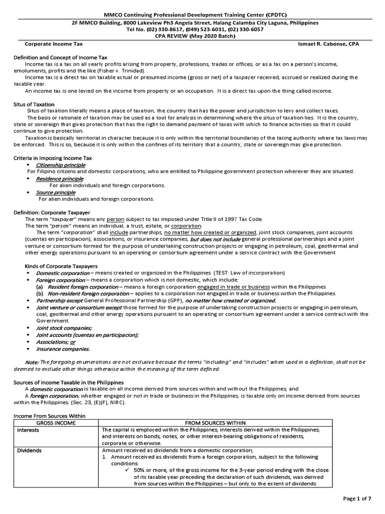 Corp Income Tax Handouts May2020 | PDF | Business | Finance & Money ...