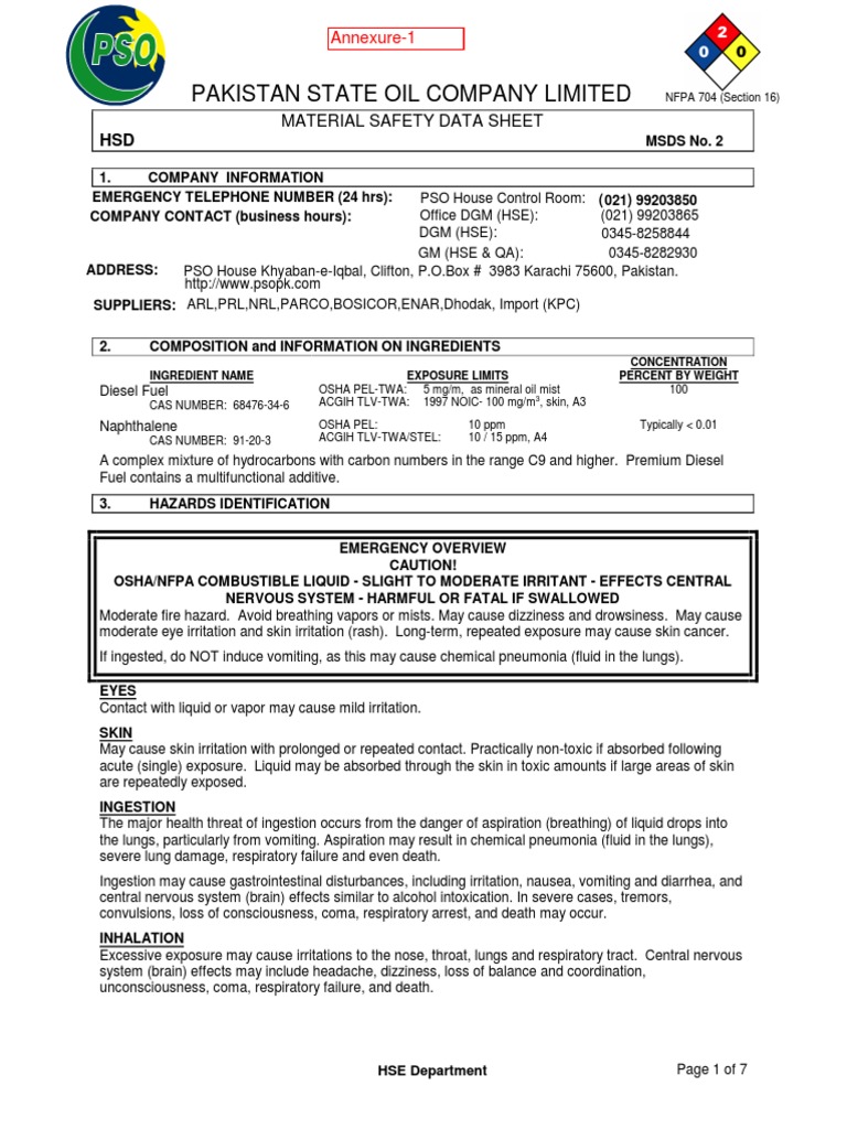 Annexure-1 PSO HSD MSDS | PDF | Dangerous Goods | Safety