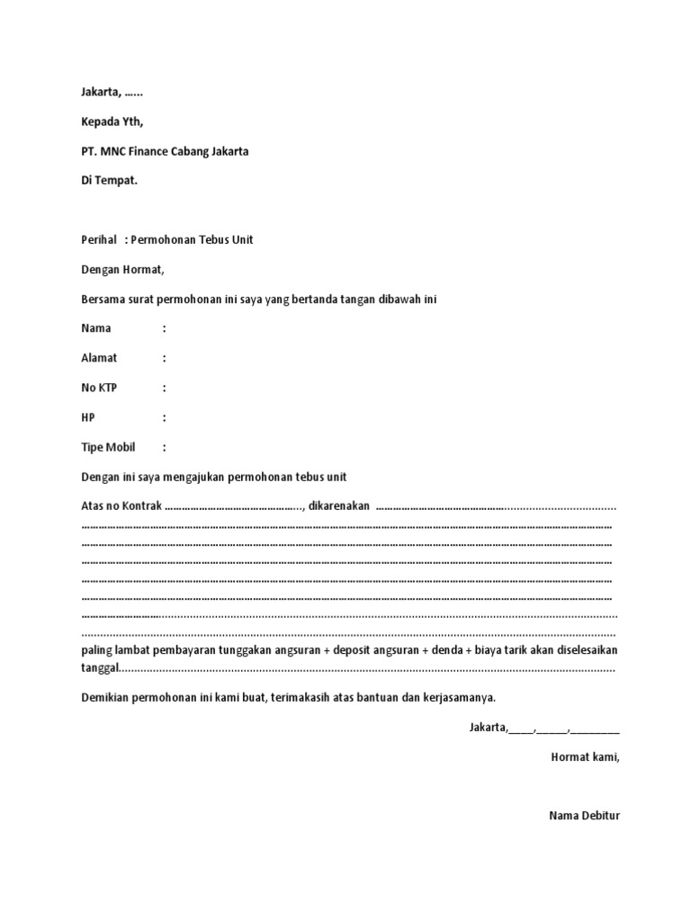 Contoh Form Permohonan Melanjutkan Cicilan Tebus Unit | PDF