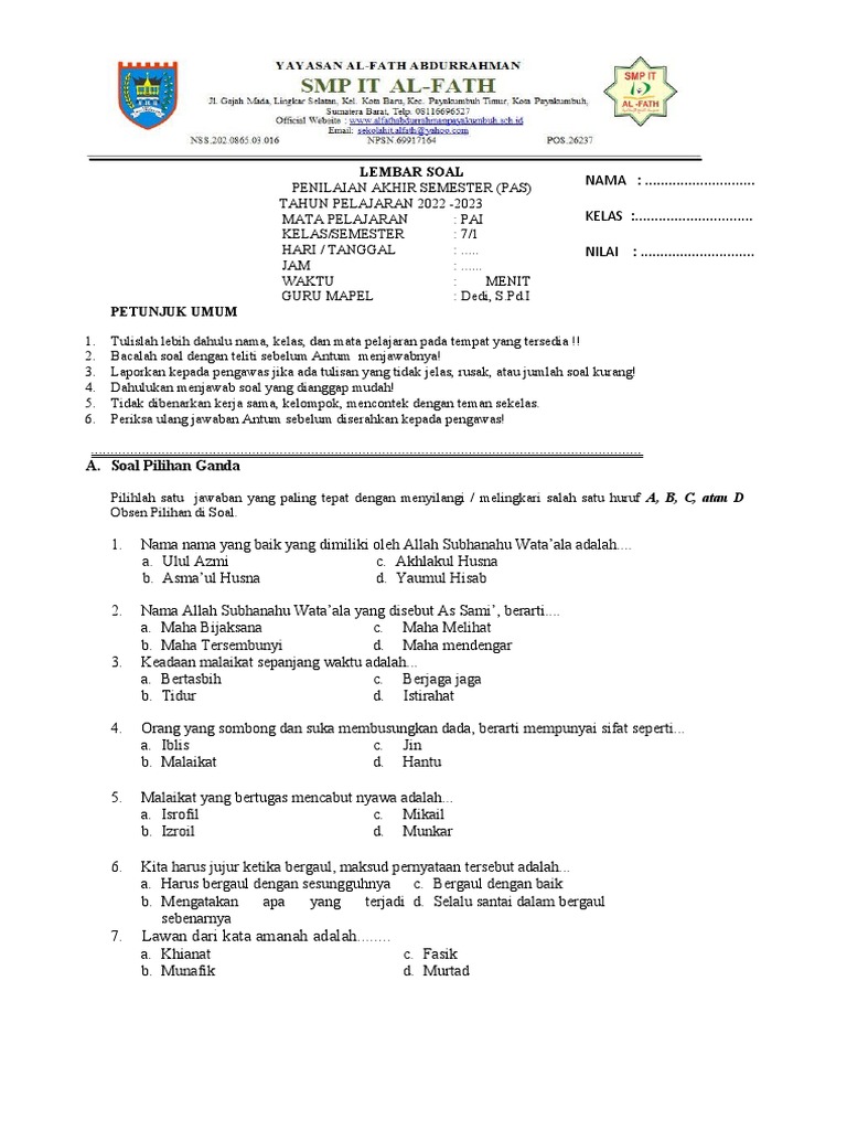Soal Semester Ganjil TP 2022-2023 | PDF