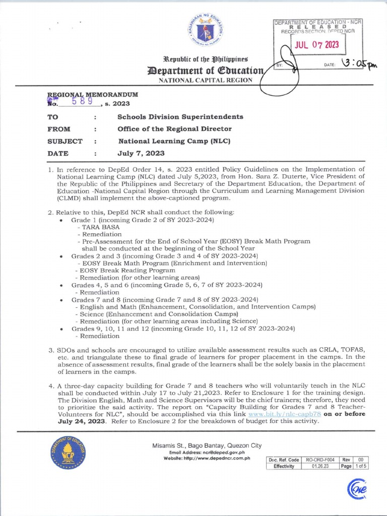 RM No. 589 S. 2023 National Learning Camp NLC | PDF