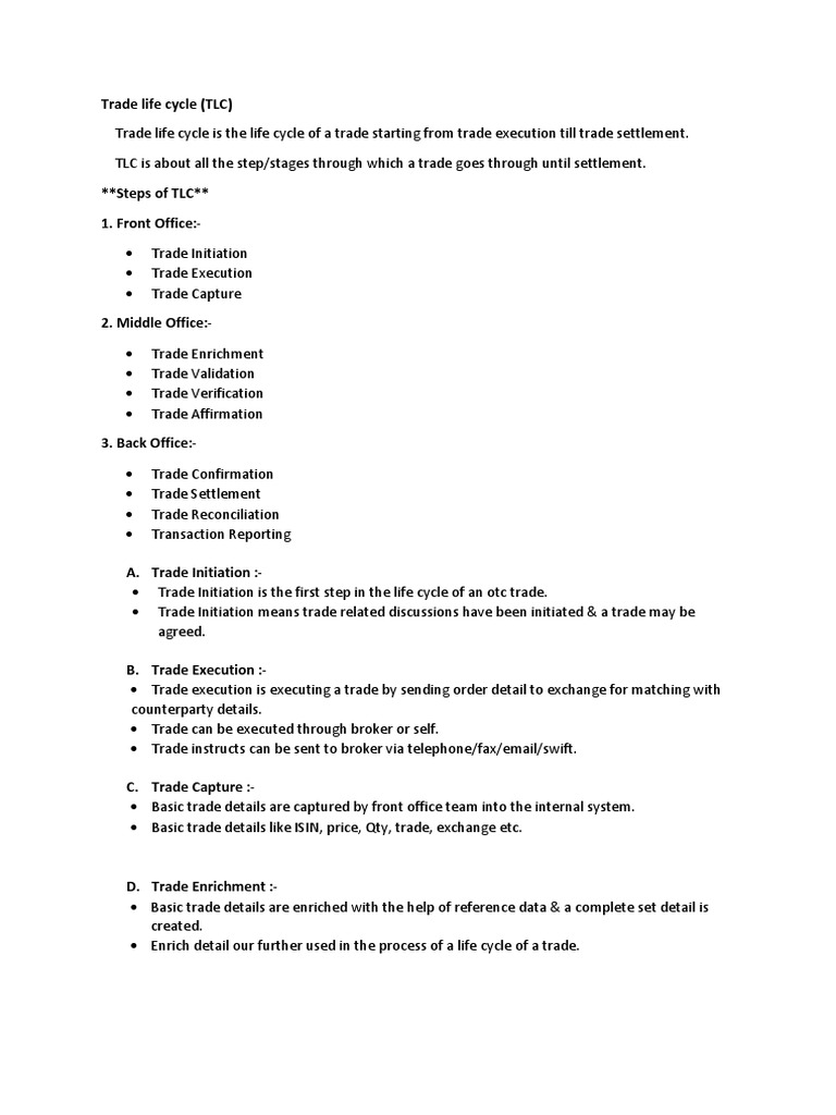 Stages of the Trade Life Cycle | PDF | Market (Economics) | Financial ...