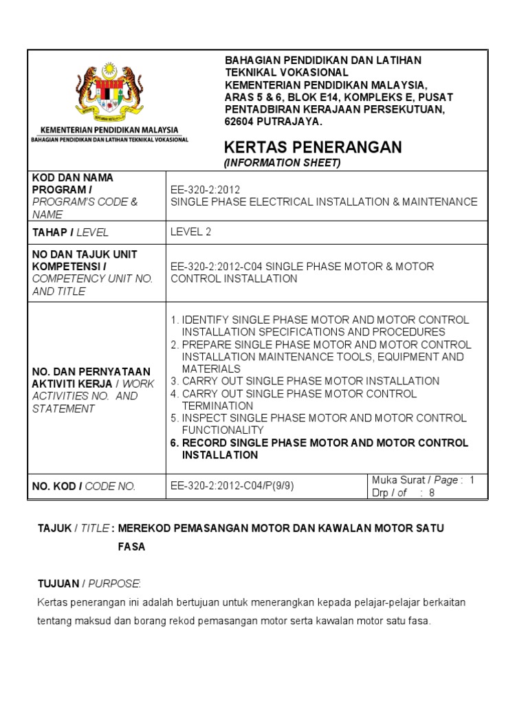 Maksud dan Format Rekod Pemasangan Motor | PDF