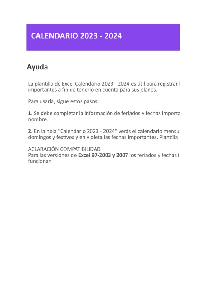 Plantilla Calendario 2023-2024 Excel | PDF | Calendario