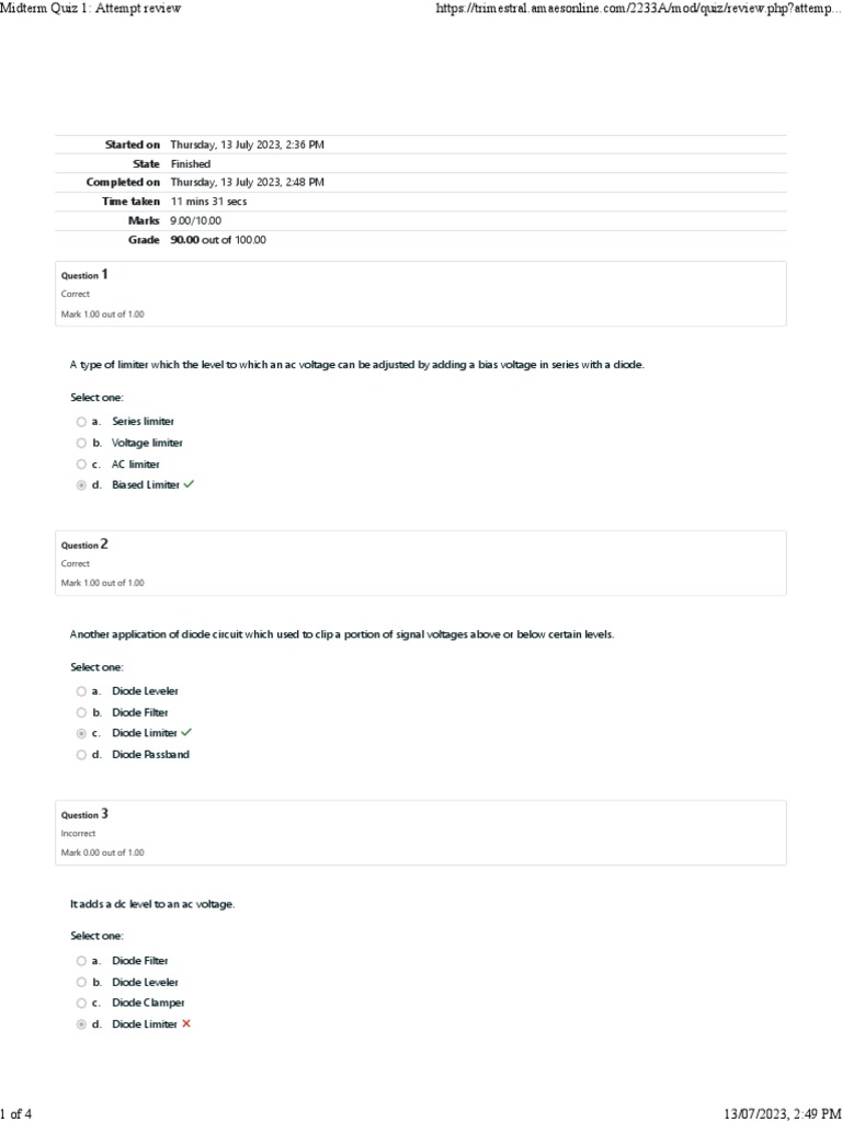 Electronic Circuit Midterm Quiz 1 | PDF