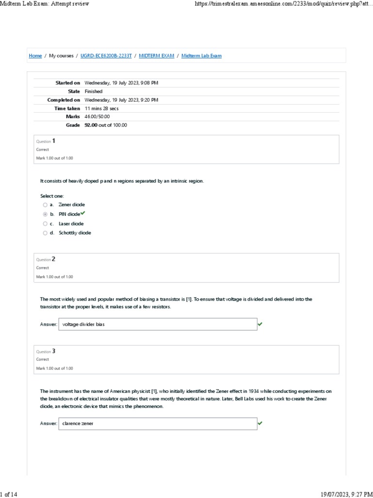 Electronic Circuit Midterm Lab Exam 92% | PDF | Diode | Bipolar Junction Transistor