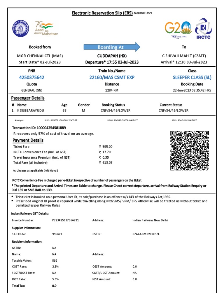 22160/MAS CSMT EXP Sleeper Class (SL) | PDF | Identity Document