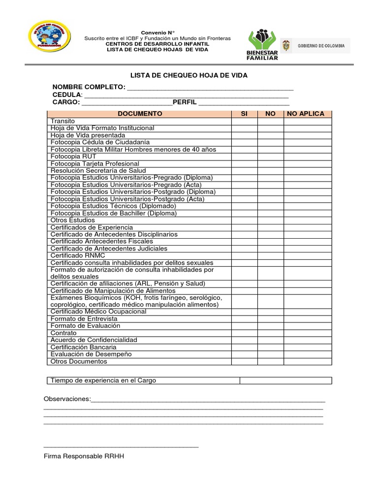 Lista de Chequeo Hoja de Vida ICBF | PDF | Negocios