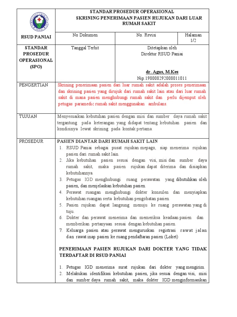 Spo Skrining Penerimaan Pasien Rujukan Dari Luar Rumah Sakit | PDF
