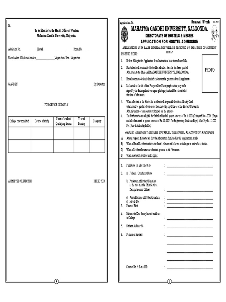 A3 Hostel Admission Form | PDF