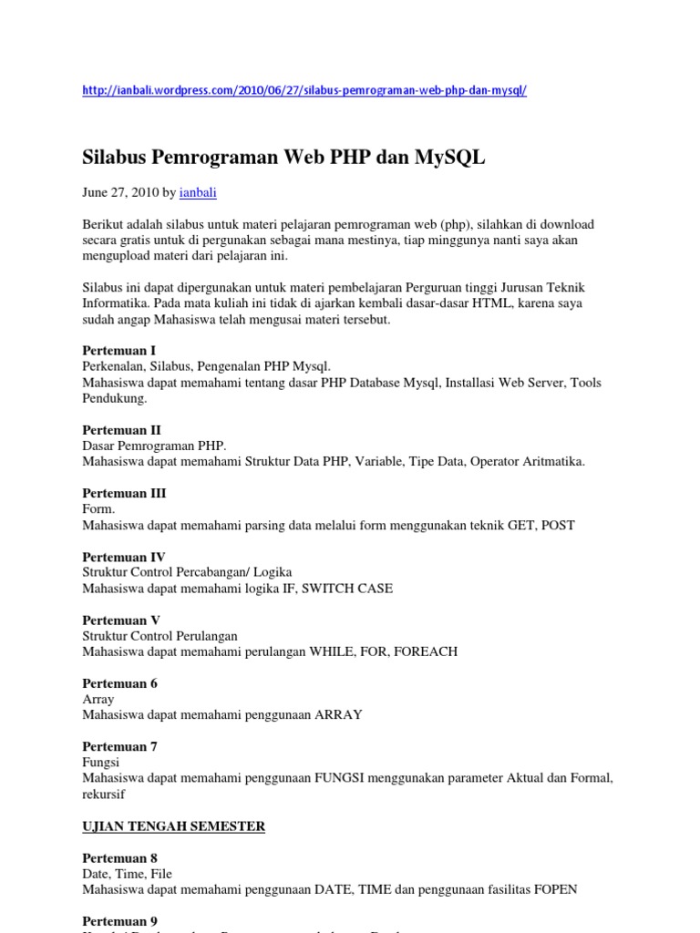 Silabus Pemrograman Web PHP Dan MySQL | PDF