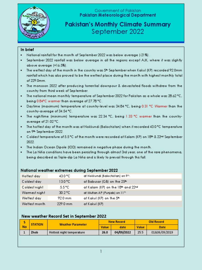 Pakistan Weather Summary: September 2022 | PDF | Atmospheric ...