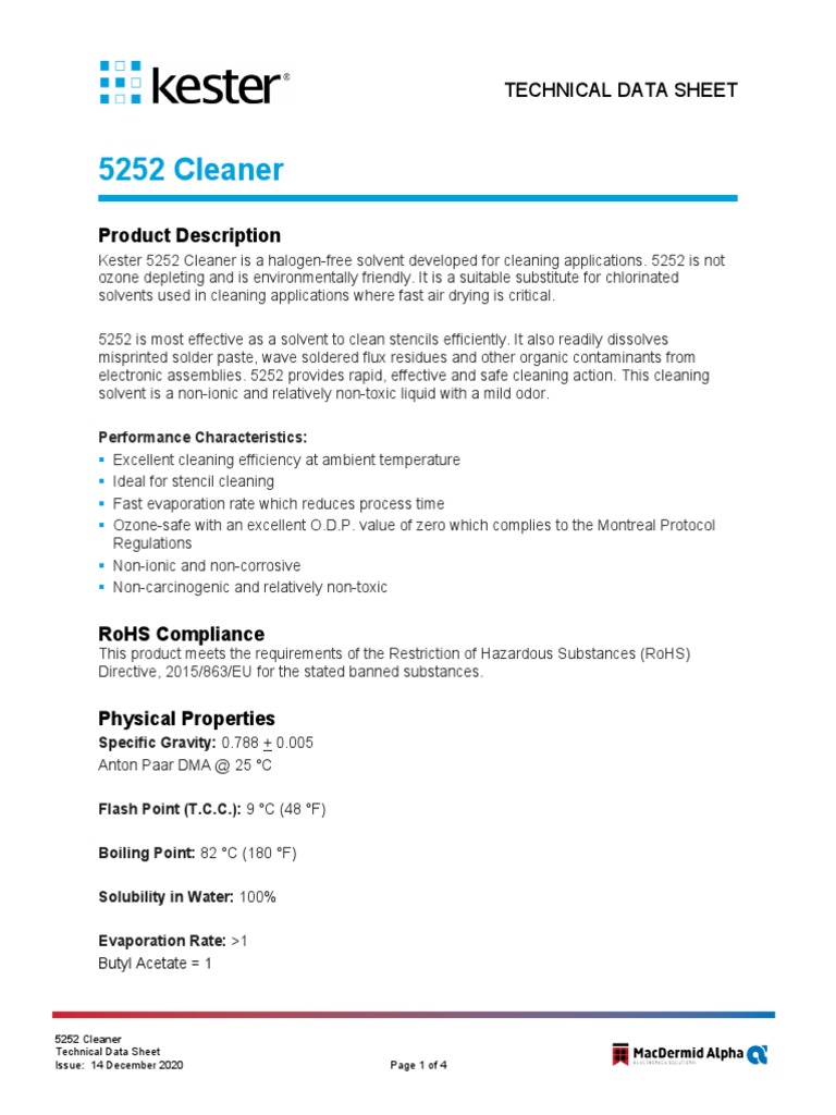 Kester 5252 Cleaner EN 14dec20 TB | PDF | Solvent | Chemical Substances