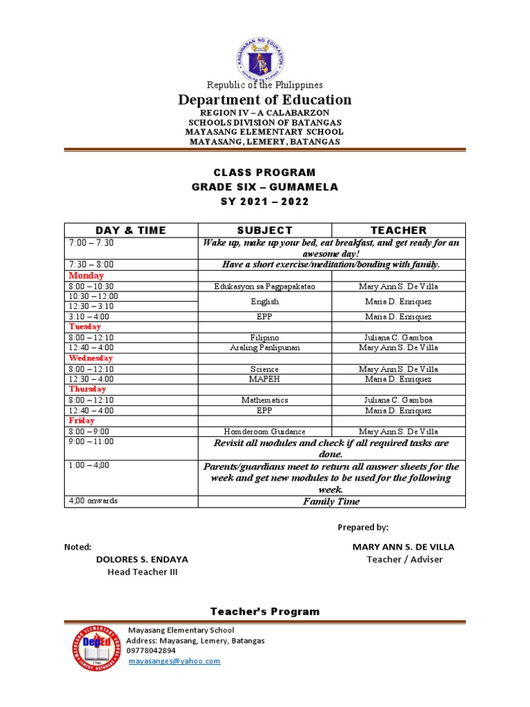 Grade 6 Class Schedule 2021-2022 | PDF