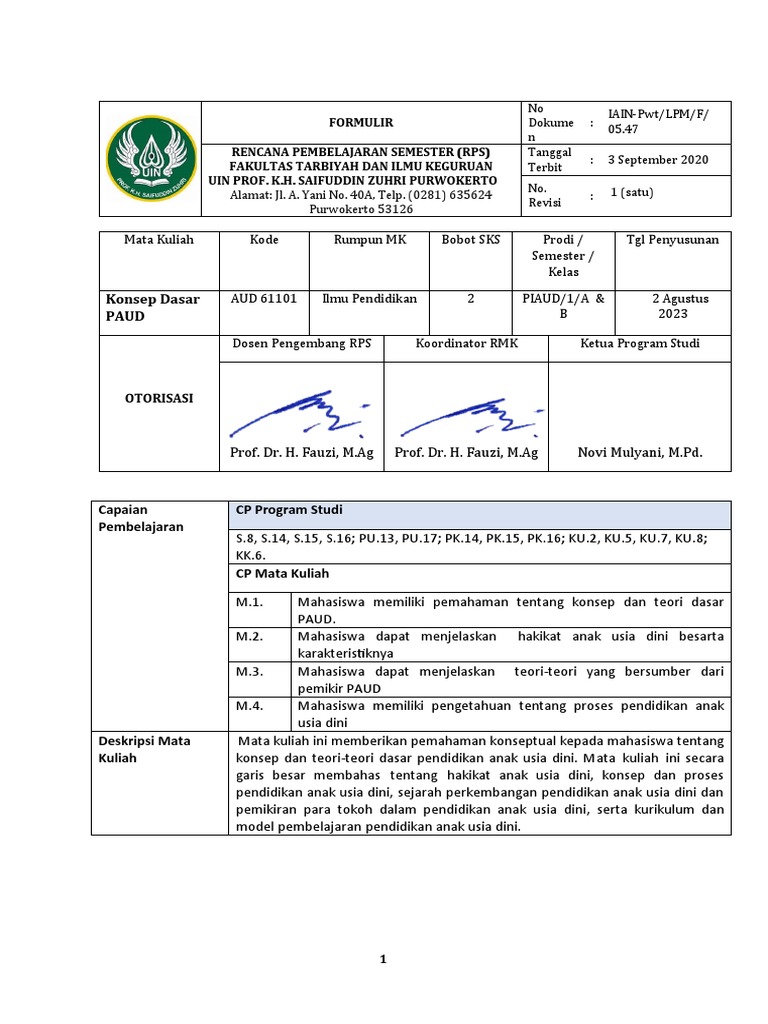 RPS Konsep PAUD - PIAUD - 23 - Fauzi | PDF