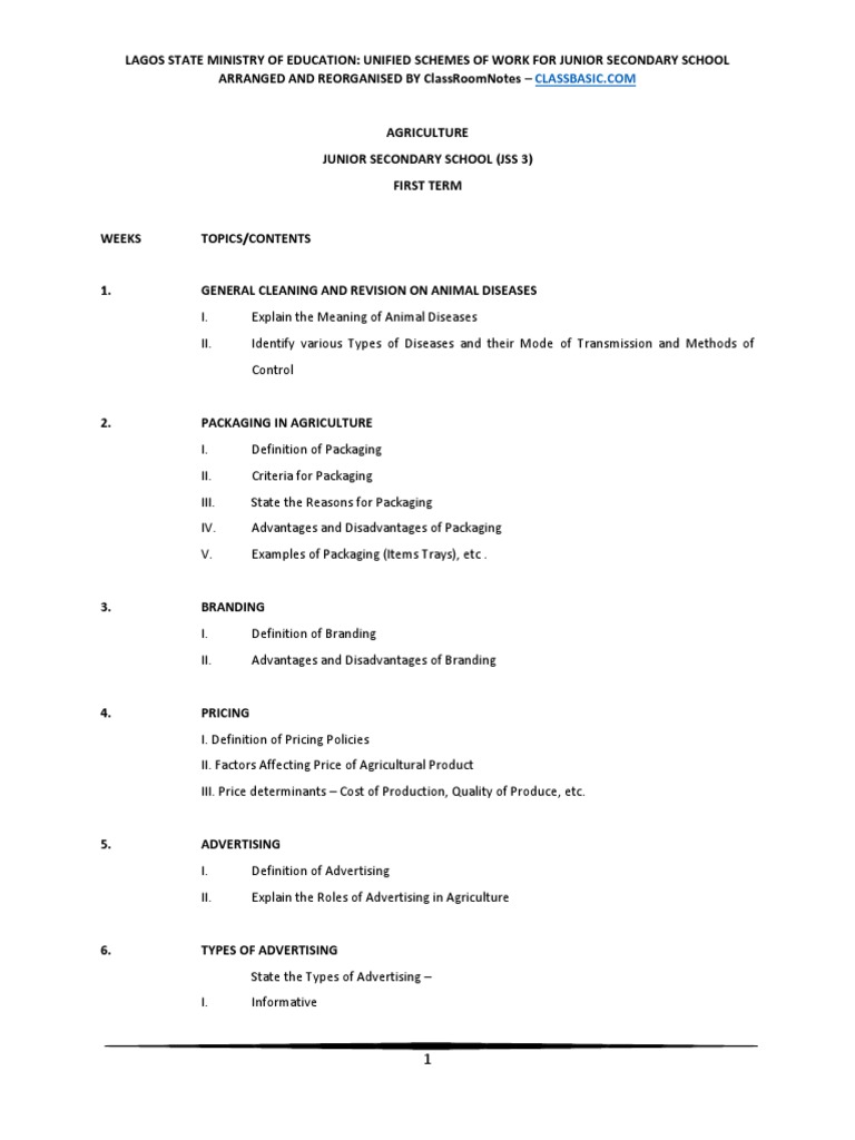 JSS 3 Agriculture Curriculum | PDF | Stocks | Advertising
