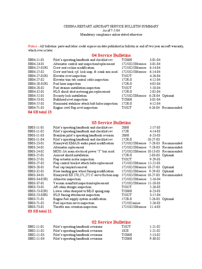 CESSNA Service Bulletin Summary T41 | PDF