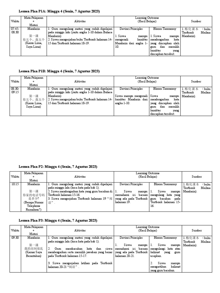 Mandarin Lesson Plan - 7 August 2023 | PDF