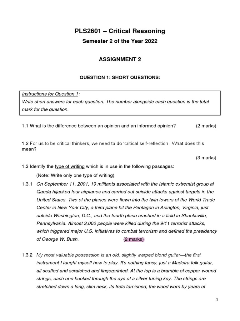 PLS2601 - Assignment 2 - 2nd Semester 2 - 2022 | PDF | Argument | September 11 Attacks