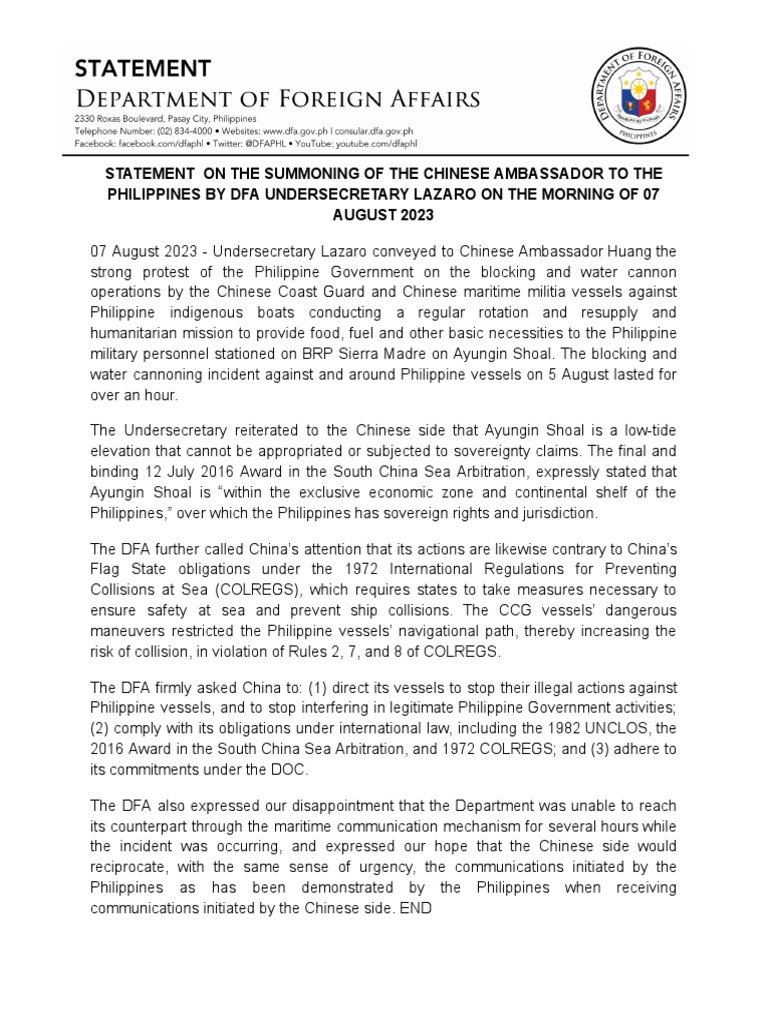 Statement On The Summoning of The Chinese Ambassador To The Philippines ...