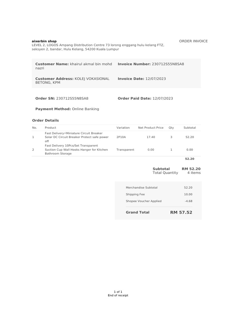 Invoice for Khairul Akmal - July 2023 | PDF