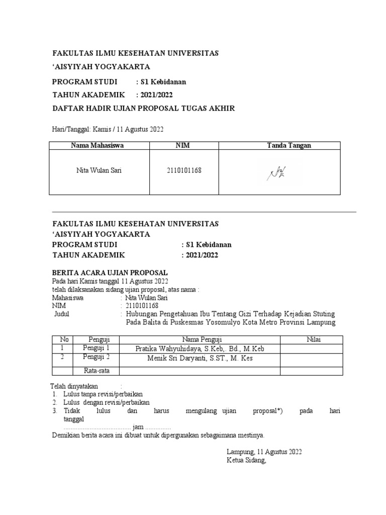 Berita Acara Ujian Proposal Nita Wulan Sari | PDF
