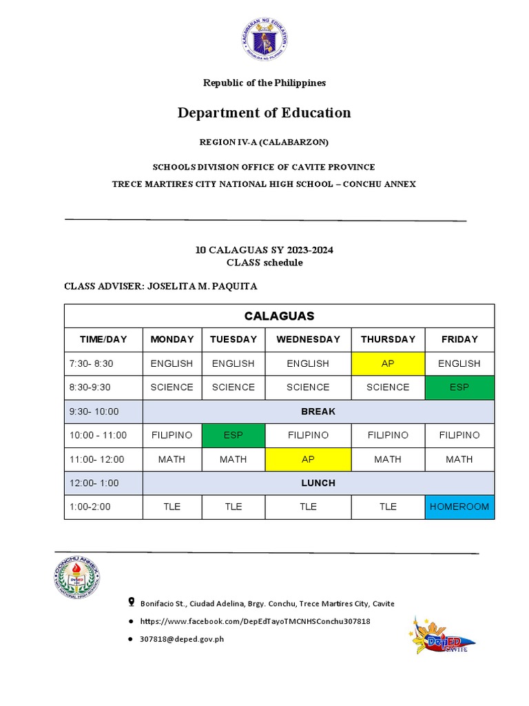 Trece Martires City High School Class Schedule | PDF