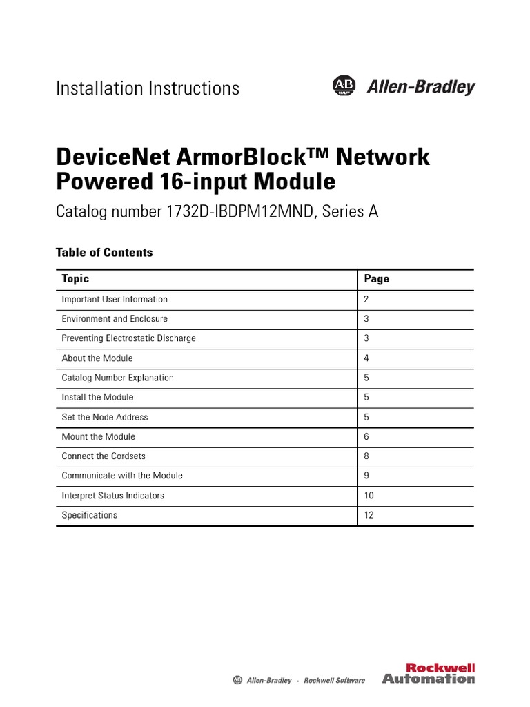 Devicenet Armorblock™ Network Powered 16-Input Module: Installation Instructions | PDF ...