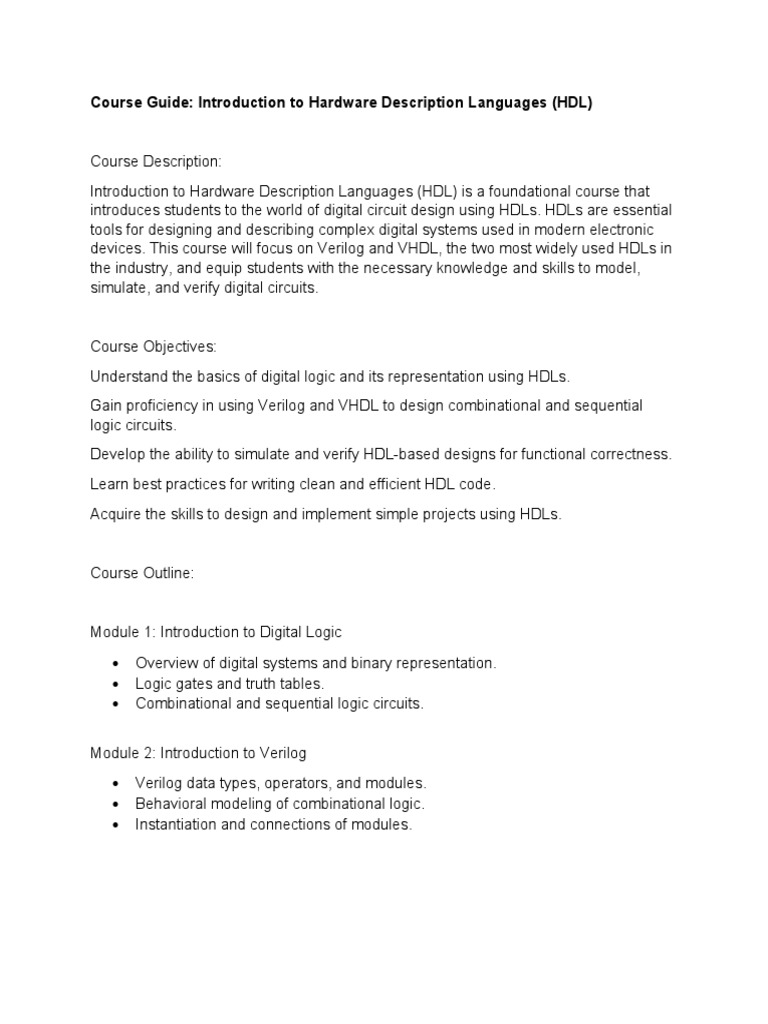 INTRO TO HDL Course Guide | PDF | Hardware Description Language | Vhdl