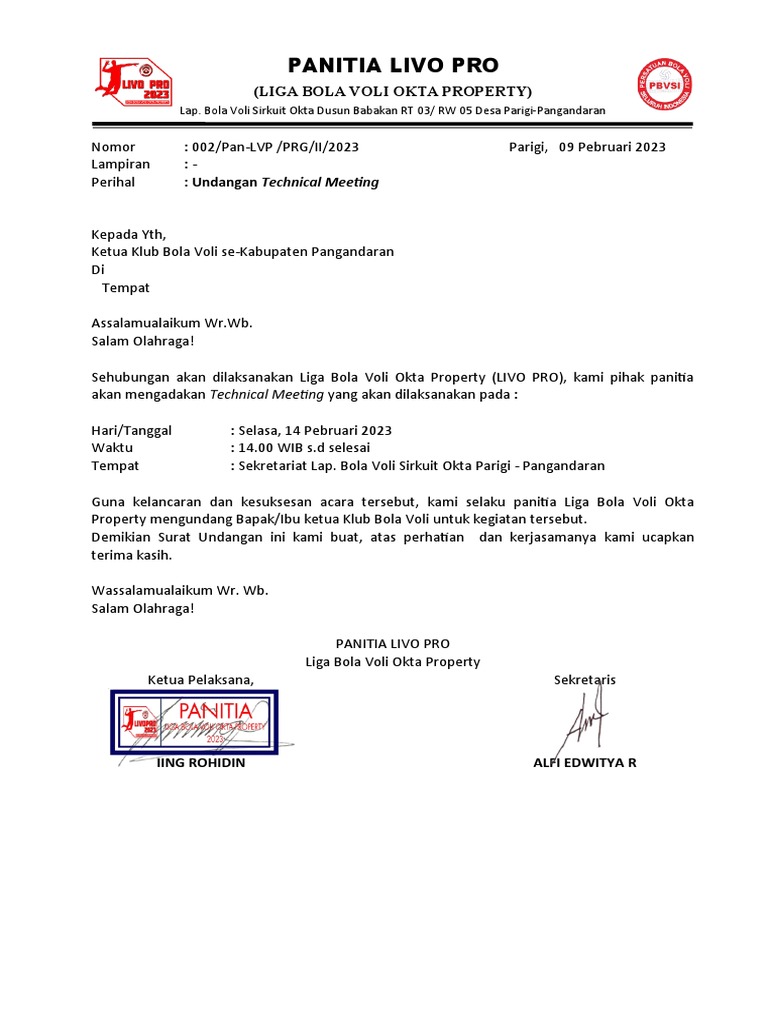 Surat Undangan Techinical Meeting Livo Pro 2023 | PDF