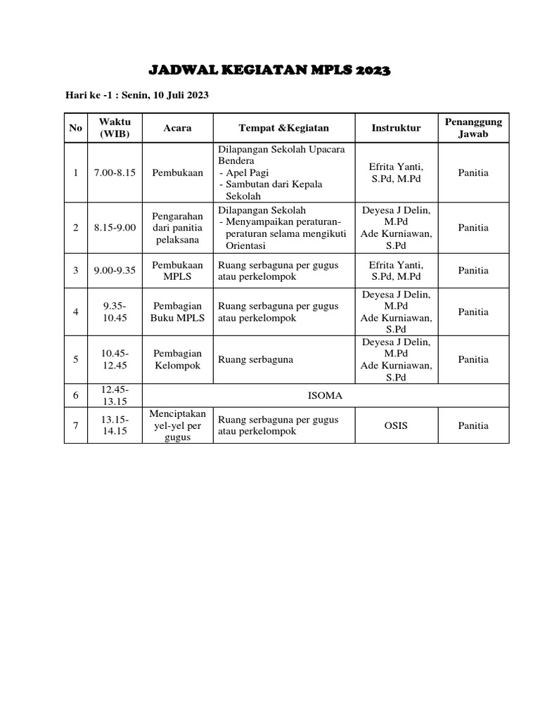 Jadwal Kegiatan MPLS 2023 Baru | PDF