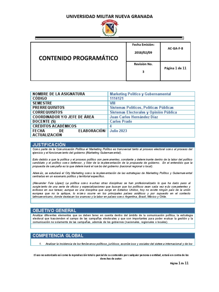 Contenido Programatico 2023-2 Marketing Político y Gubernamental | PDF