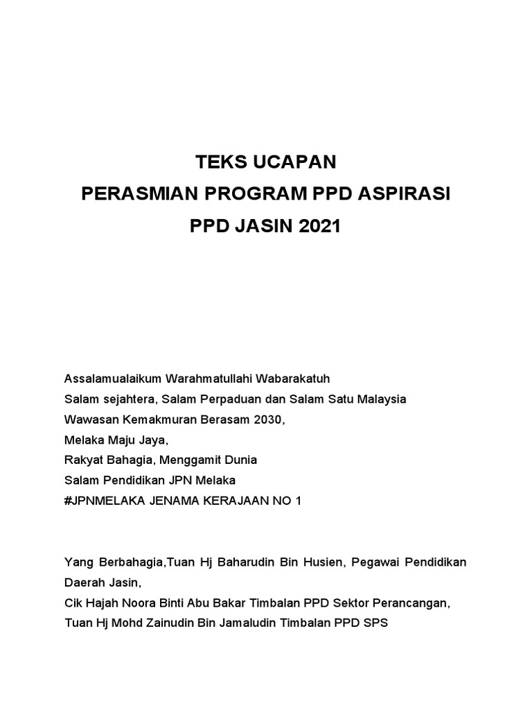 Teks Ucapan PPD Perasmian PPD Jasin Aspirasi | PDF