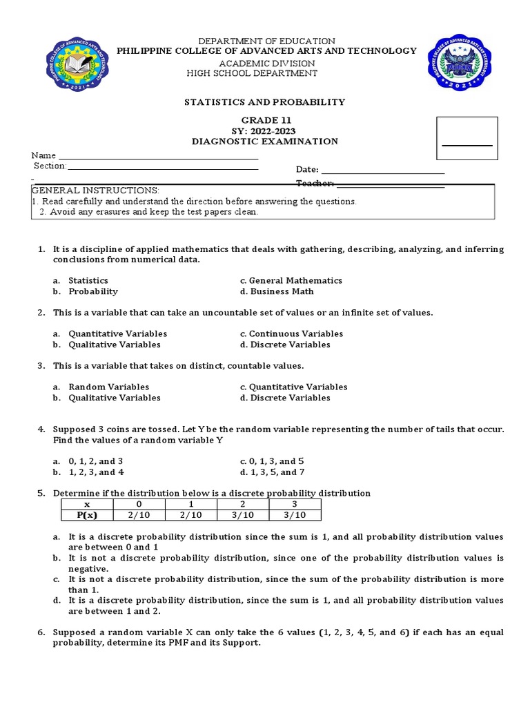 Statistics and Probability - Diagnostic Exam | PDF | Probability Distribution | Statistics