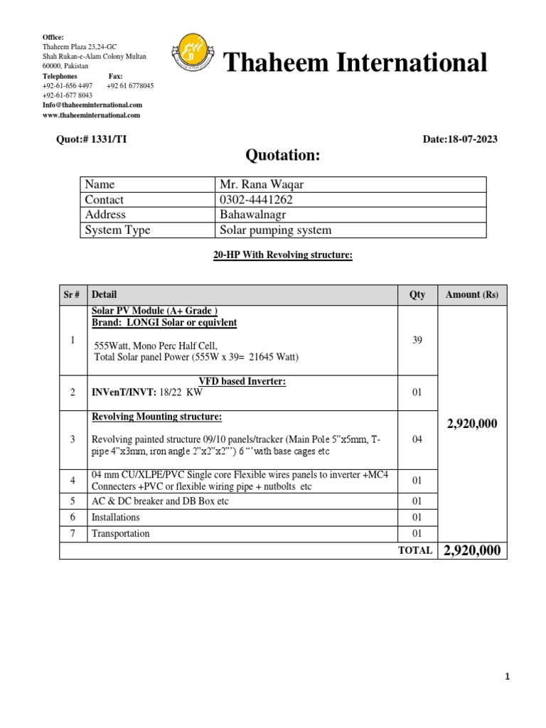 Solar Pumping System Quotation | PDF | Solar Panel | Photovoltaics