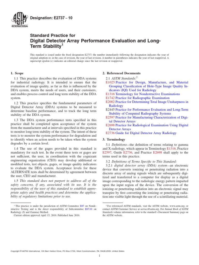 E2737-10 Standard Practice For Digital Detector Array Performance Evaluation and Long-Term ...