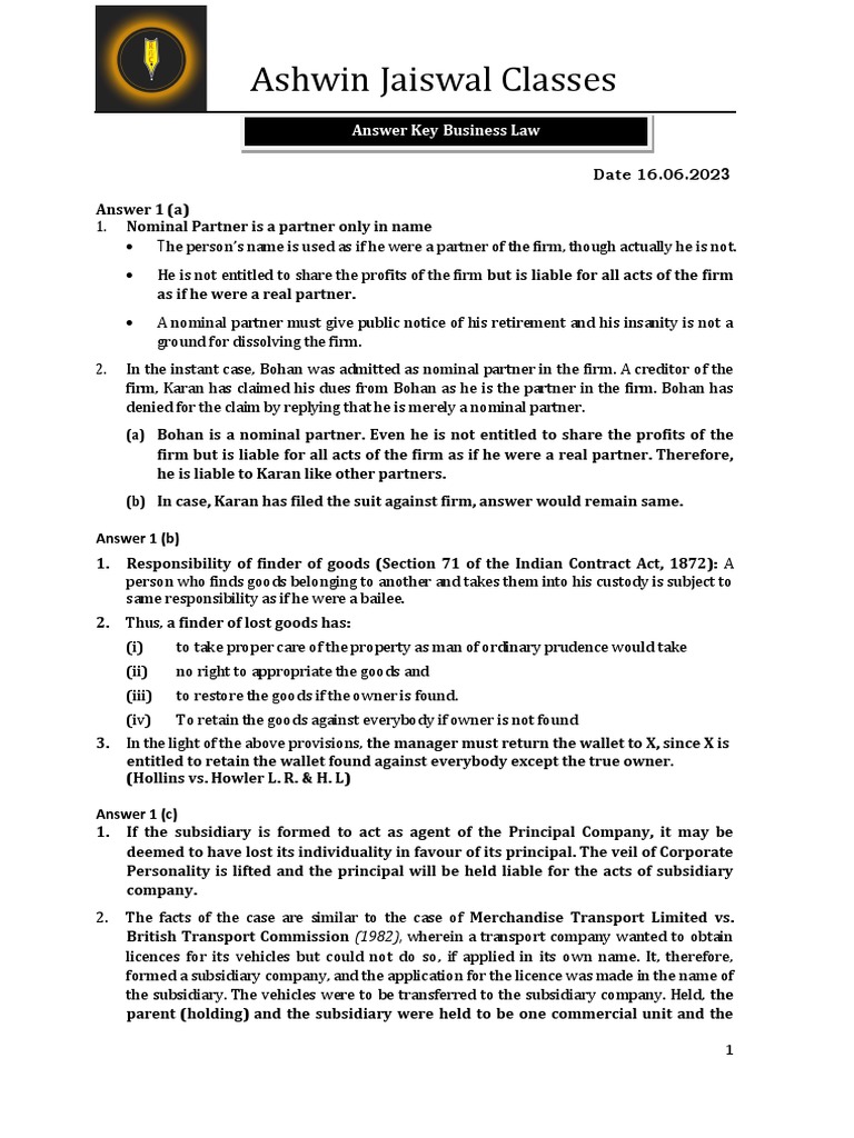 Ca Foundation Law Answer Key Pdf Communication Limited Liability Partnership