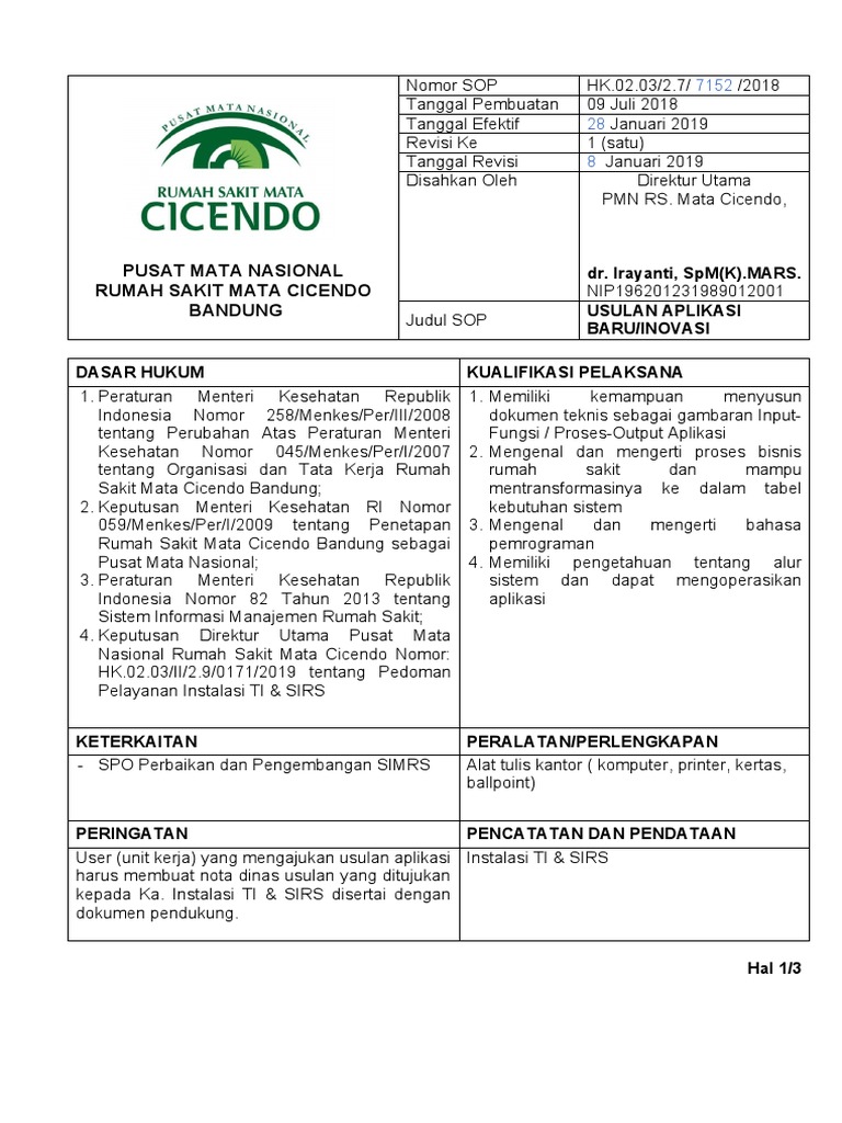SOP Usulan Aplikasi Baru RS Mata Cicendo | PDF | Komputer | Teknologi ...