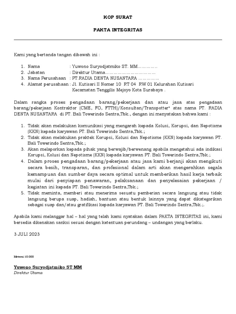 Form Pakta Integritas | PDF | Karier & Perkembangan | Hukum
